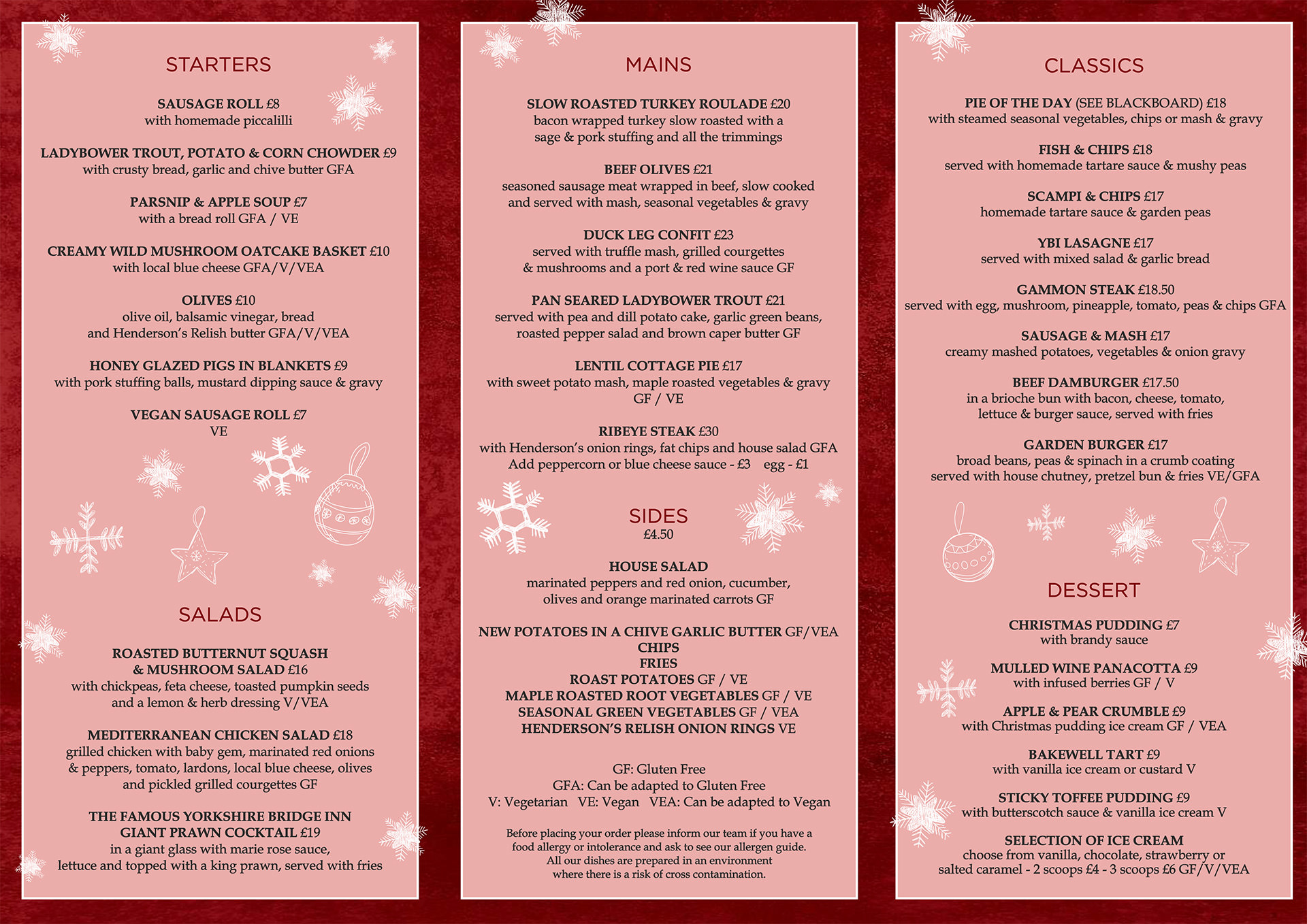 Yorkshire Bridge Inn Christmas and New Year Food