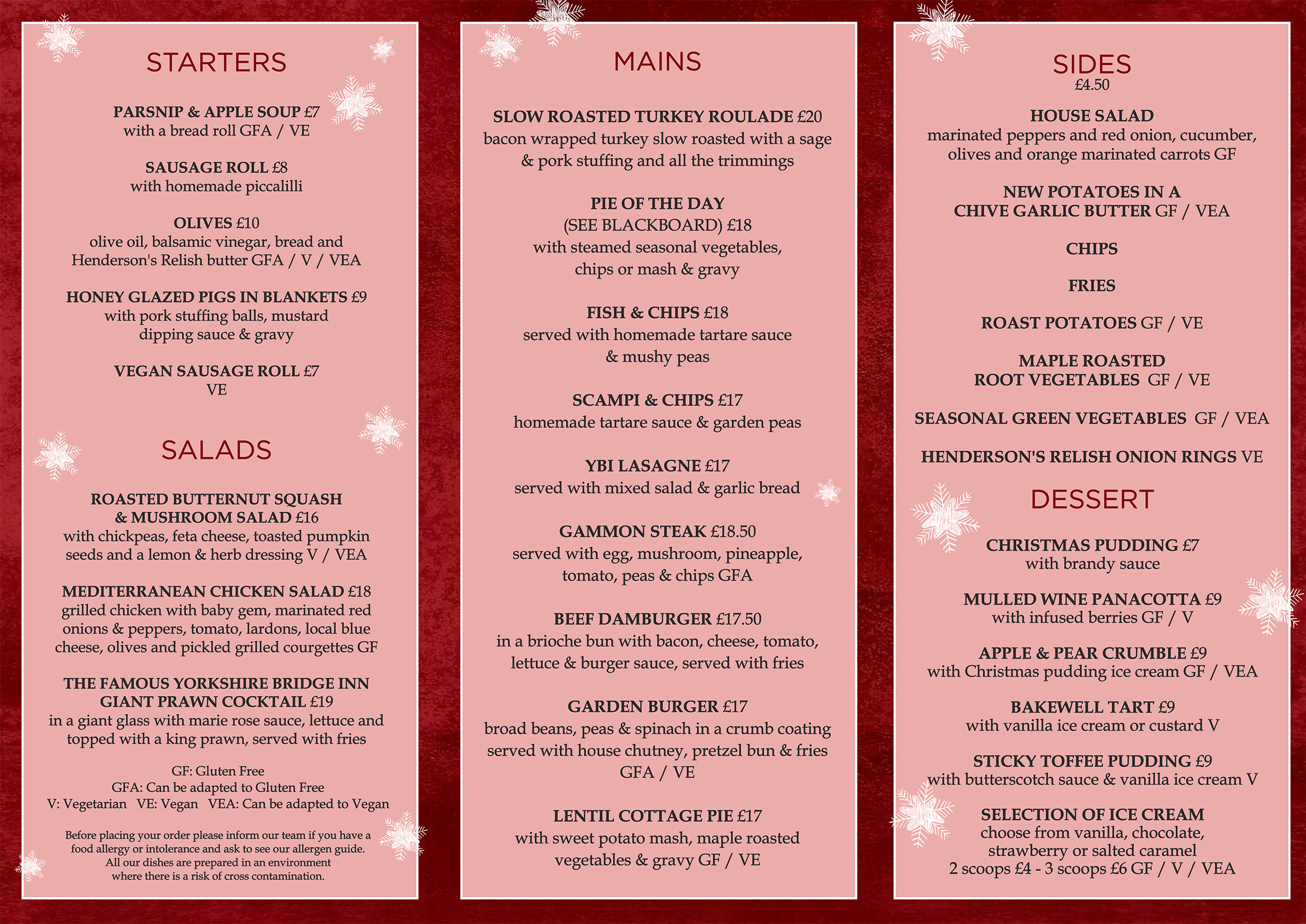 Yorkshire Bridge Inn Christmas and New Year Food